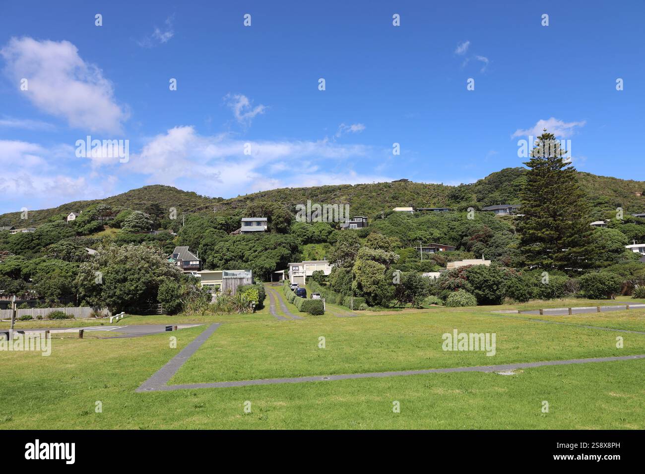 forested rolling hills rise from green grass lawn to deep blue sky in ...