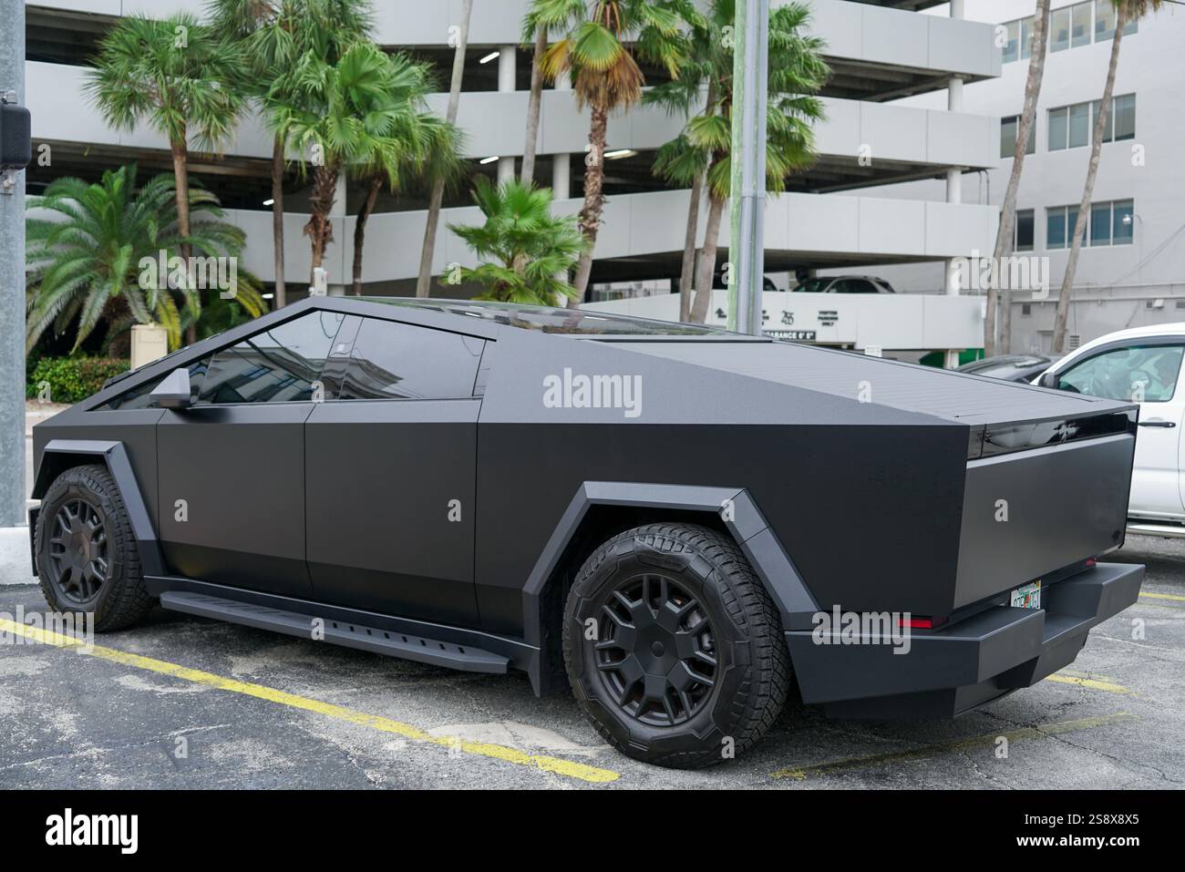 Miami, USA - 22 January 2025: A stealth Tesla Cybertruck parked in the ...