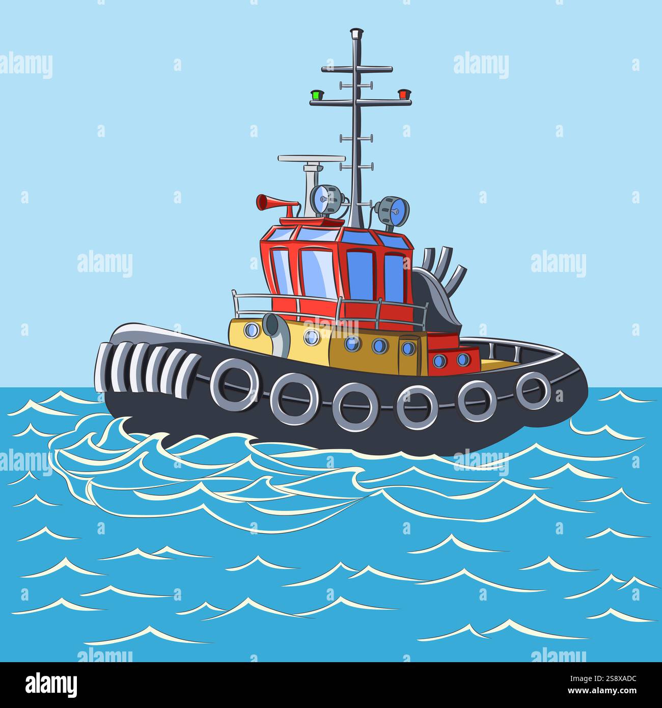 Vector drawing cartoon tugboat on ocean waves Stock Vector Image & Art ...