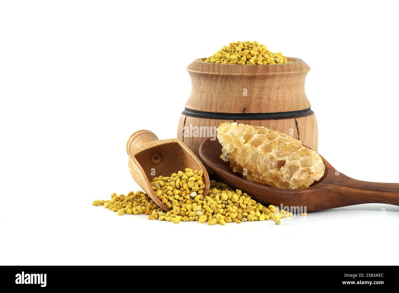 A close-up view of a natural arrangement featuring bee pollen granules ...