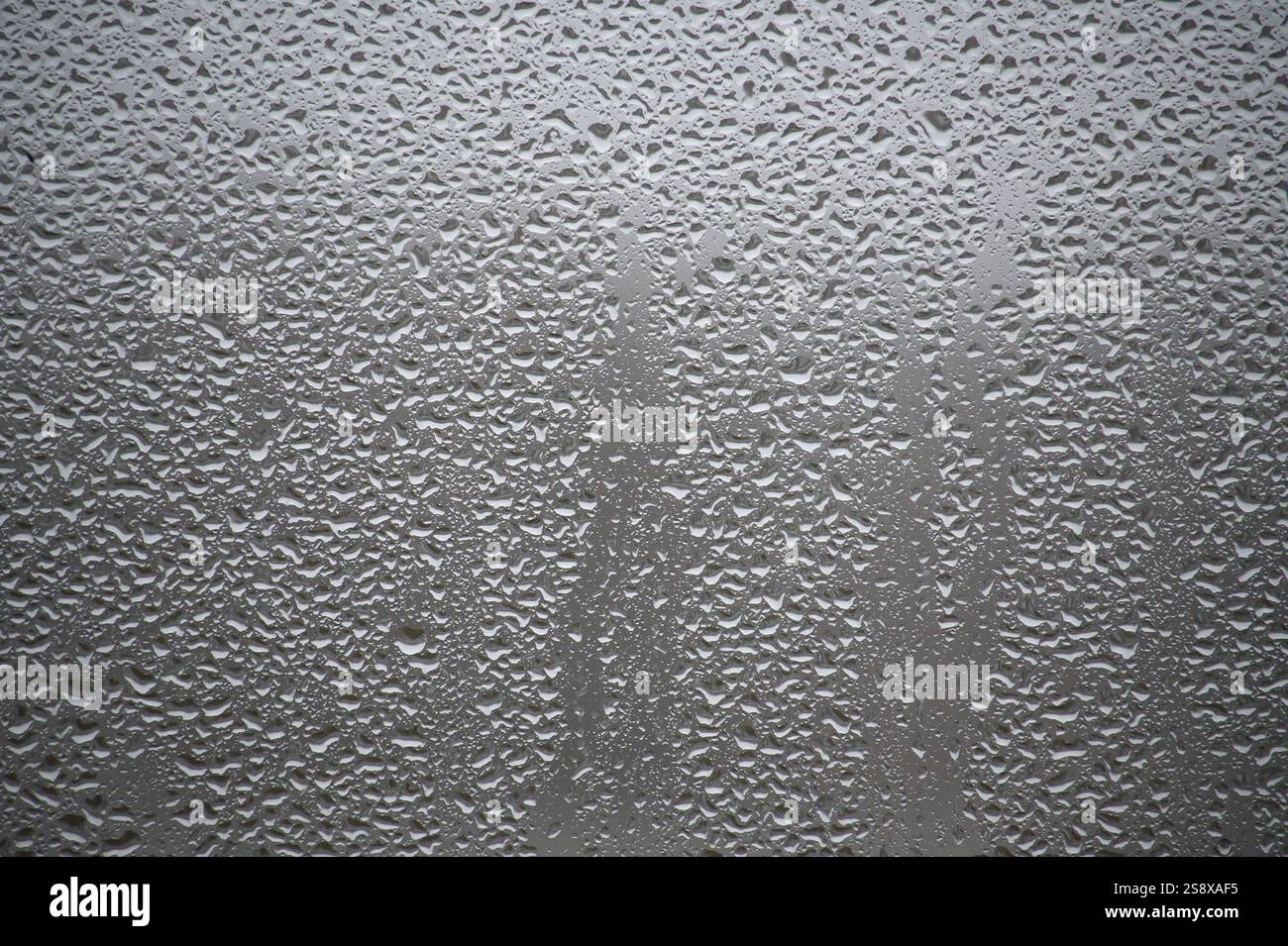 Water droplets densely covering a foggy glass surface, presenting a ...