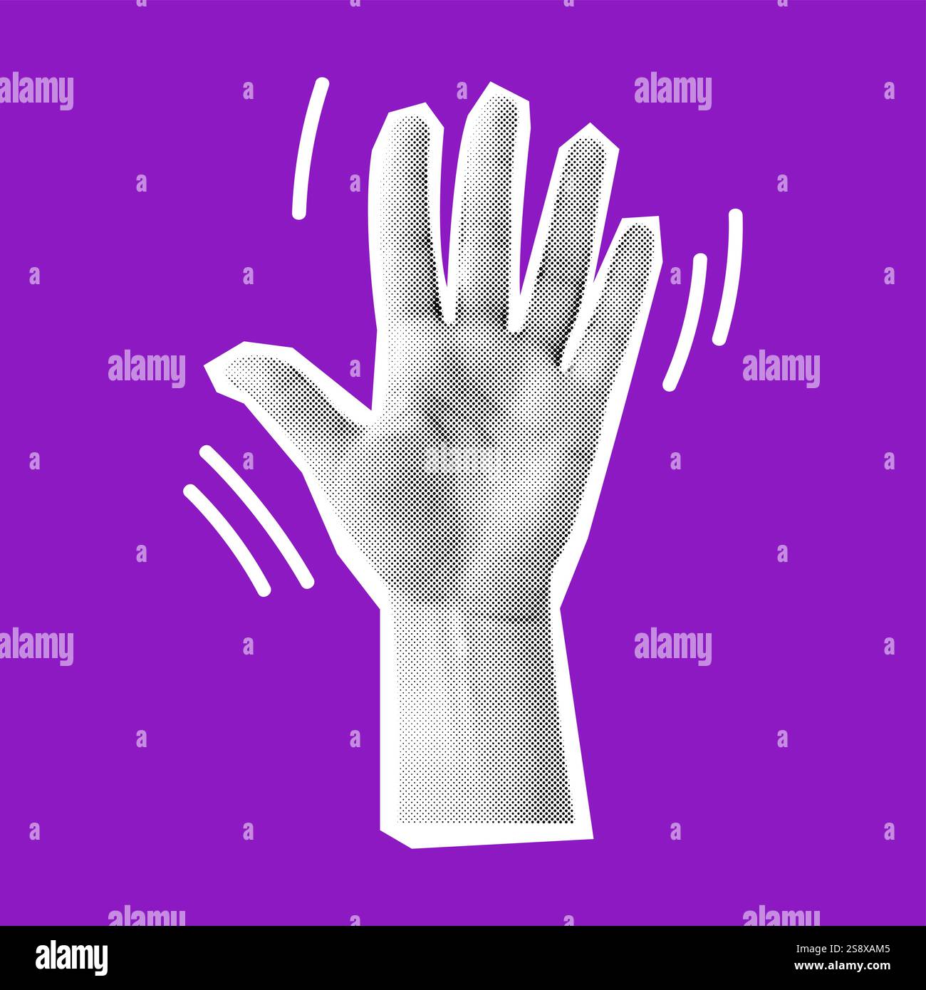 Halftone textured hand waving for Hello vector illustration. Expressing ...