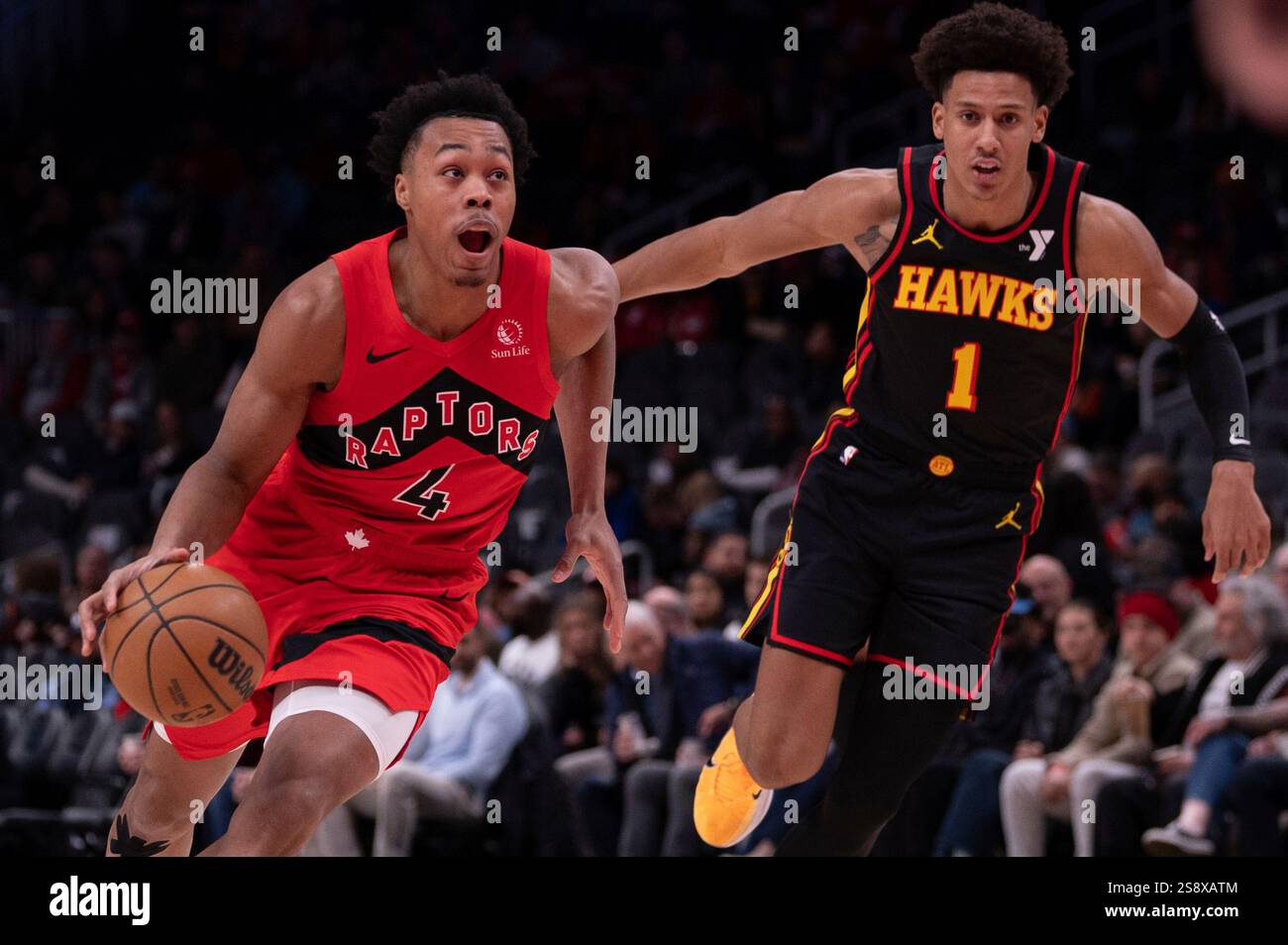 Toronto Raptors forward Scottie Barnes (4) dribbles the ball past ...