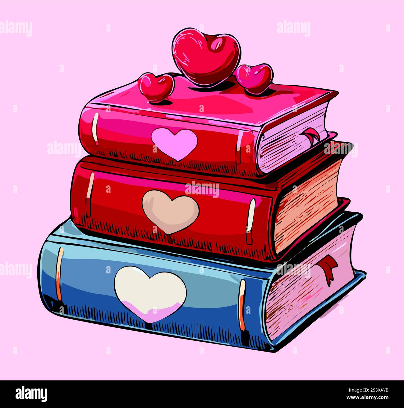 Illustration of stacks of books with a coquette heart-themed design in ...