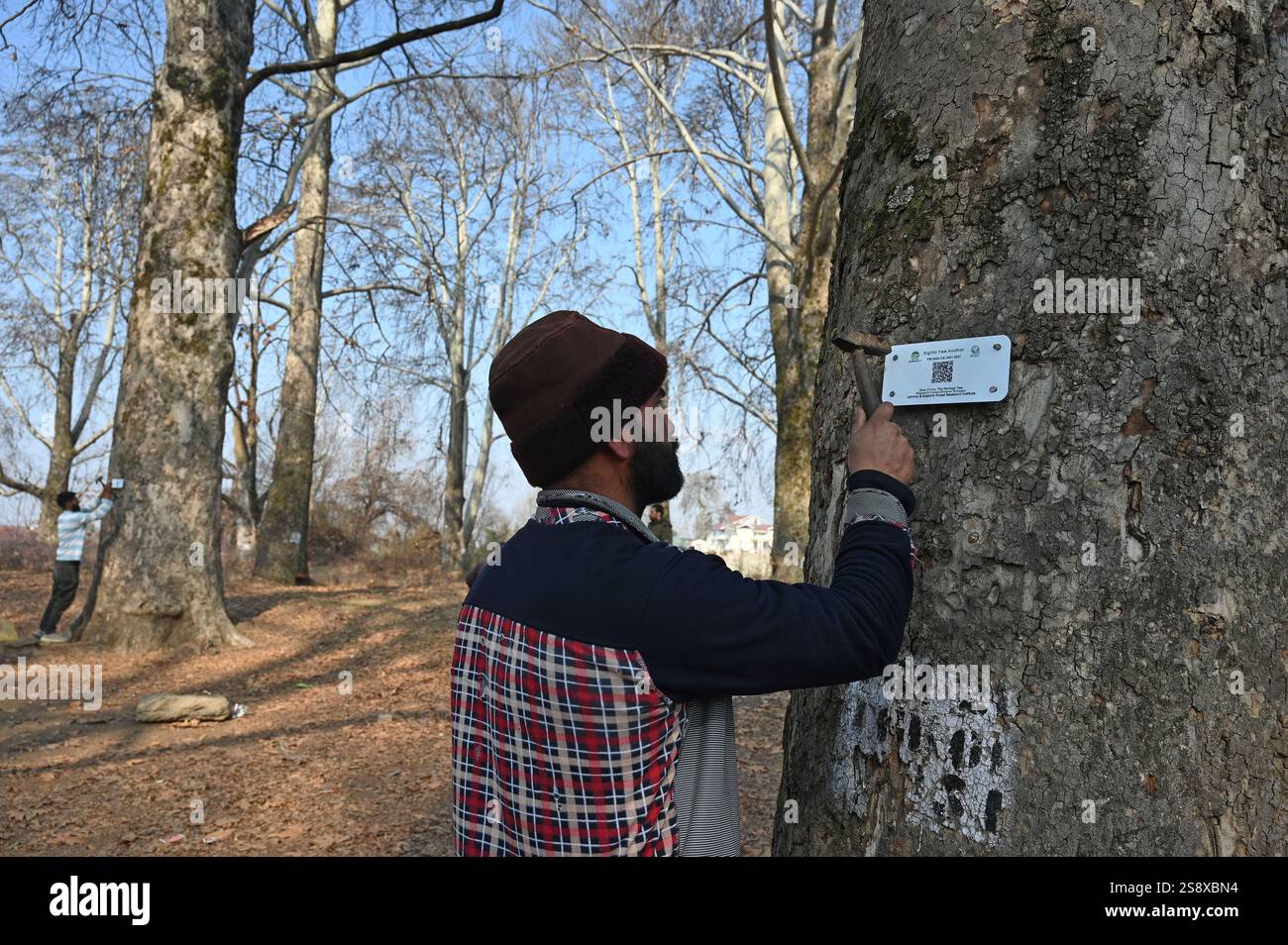SRINAGAR, INDIA - JANUARY 23: A worker installs a QR code-based GIS ...