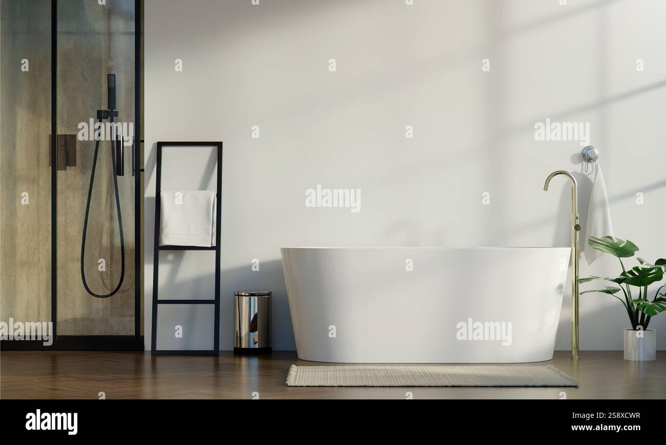 Modern bathroom featuring a freestanding tub and elegant shower area ...