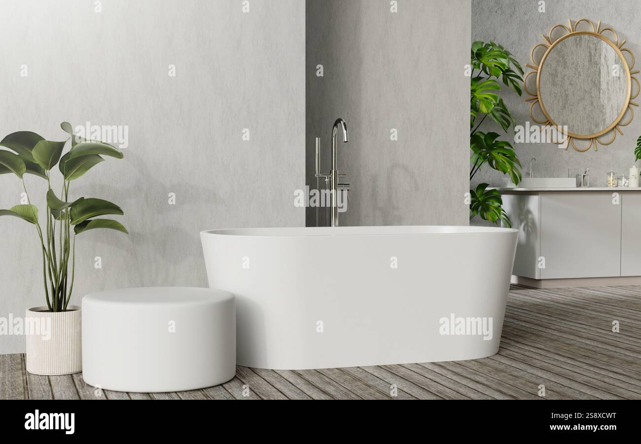 Sleek bathroom featuring a modern freestanding tub and stylish round ...