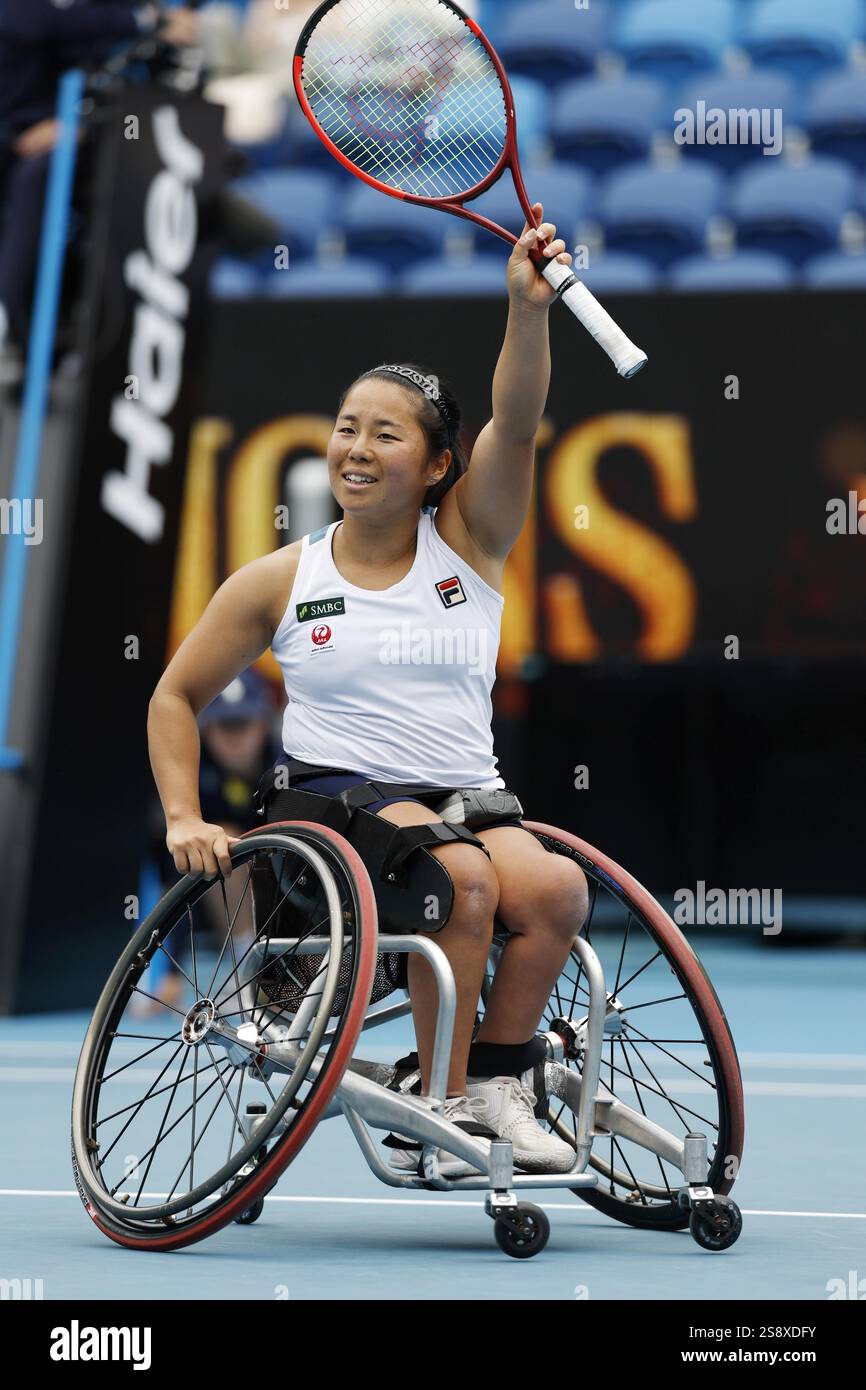 Yui Kamiji of Japan acknowledges the crowd after beating Xiaohui Li of China in the women's ...