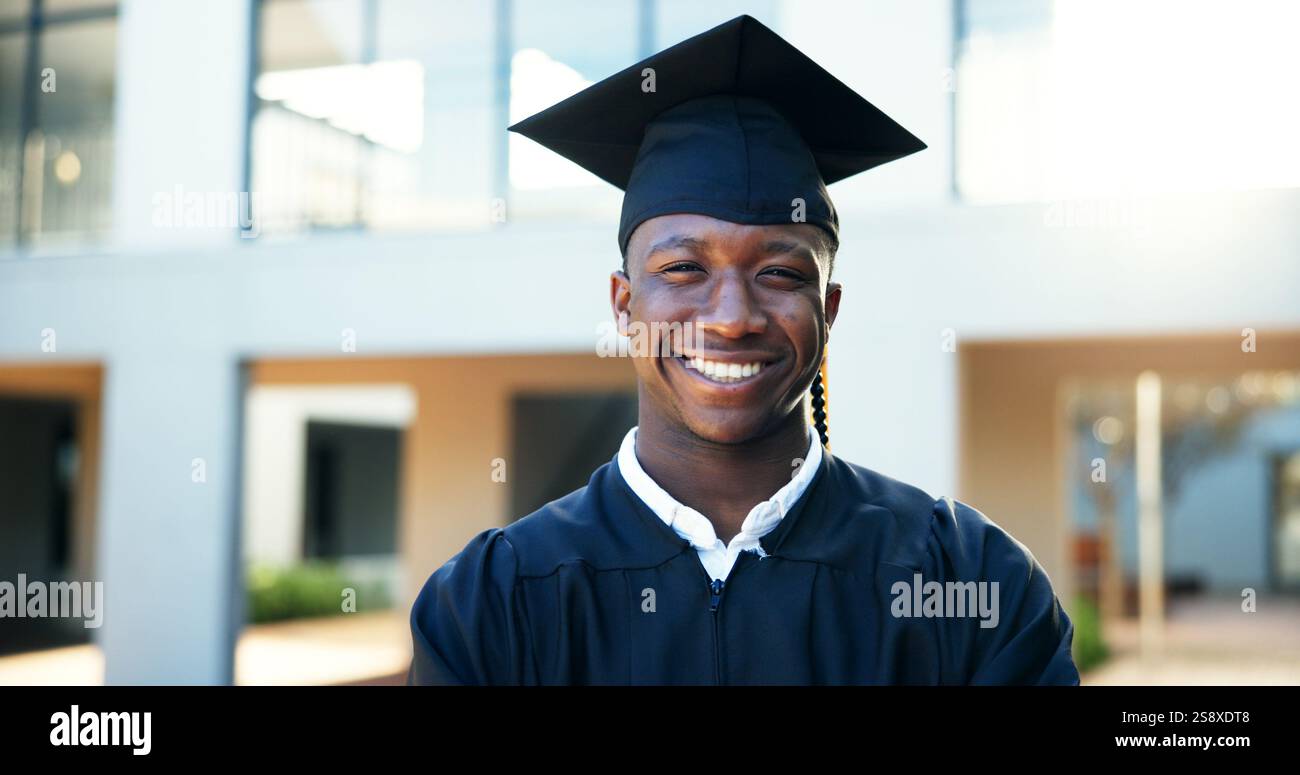 Happy, black man and portrait at graduation outdoor, education ...