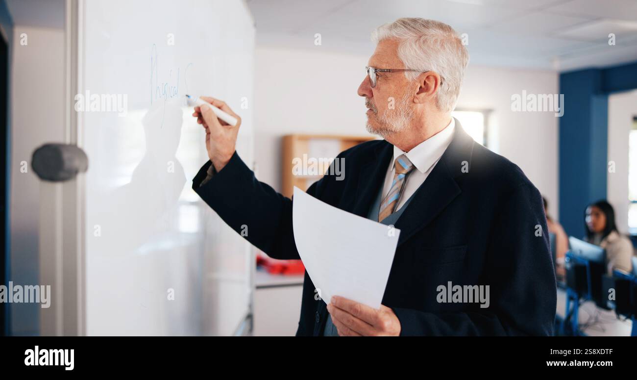 Mature man, lecturer and writing with whiteboard in classroom for ...