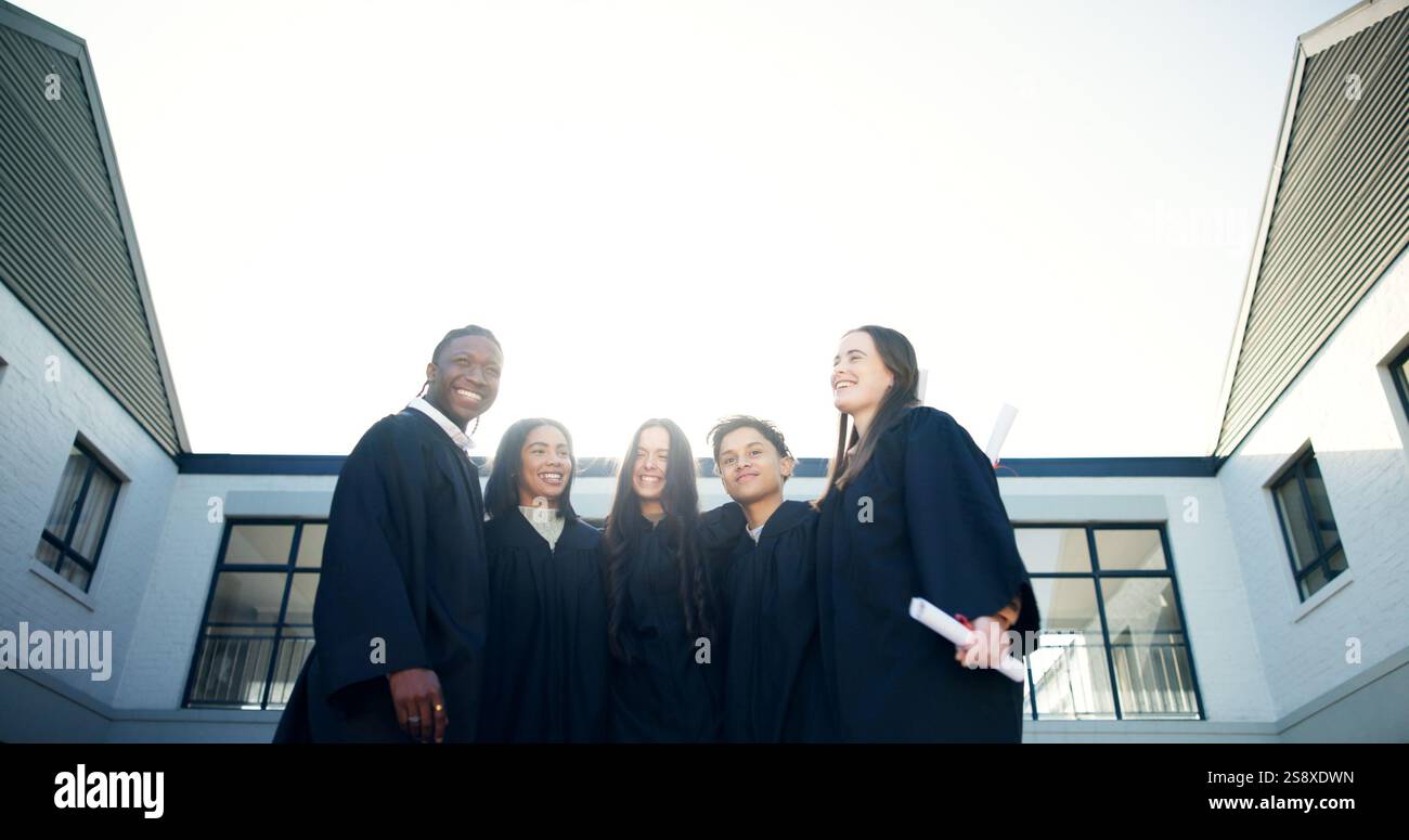 Graduation, success and low angle with people in college for education ...