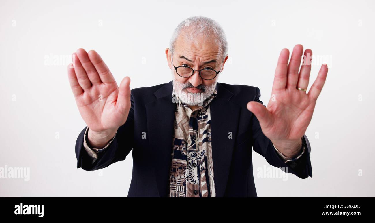 Portrait, senior man and hands with stop gesture for conflict warning ...