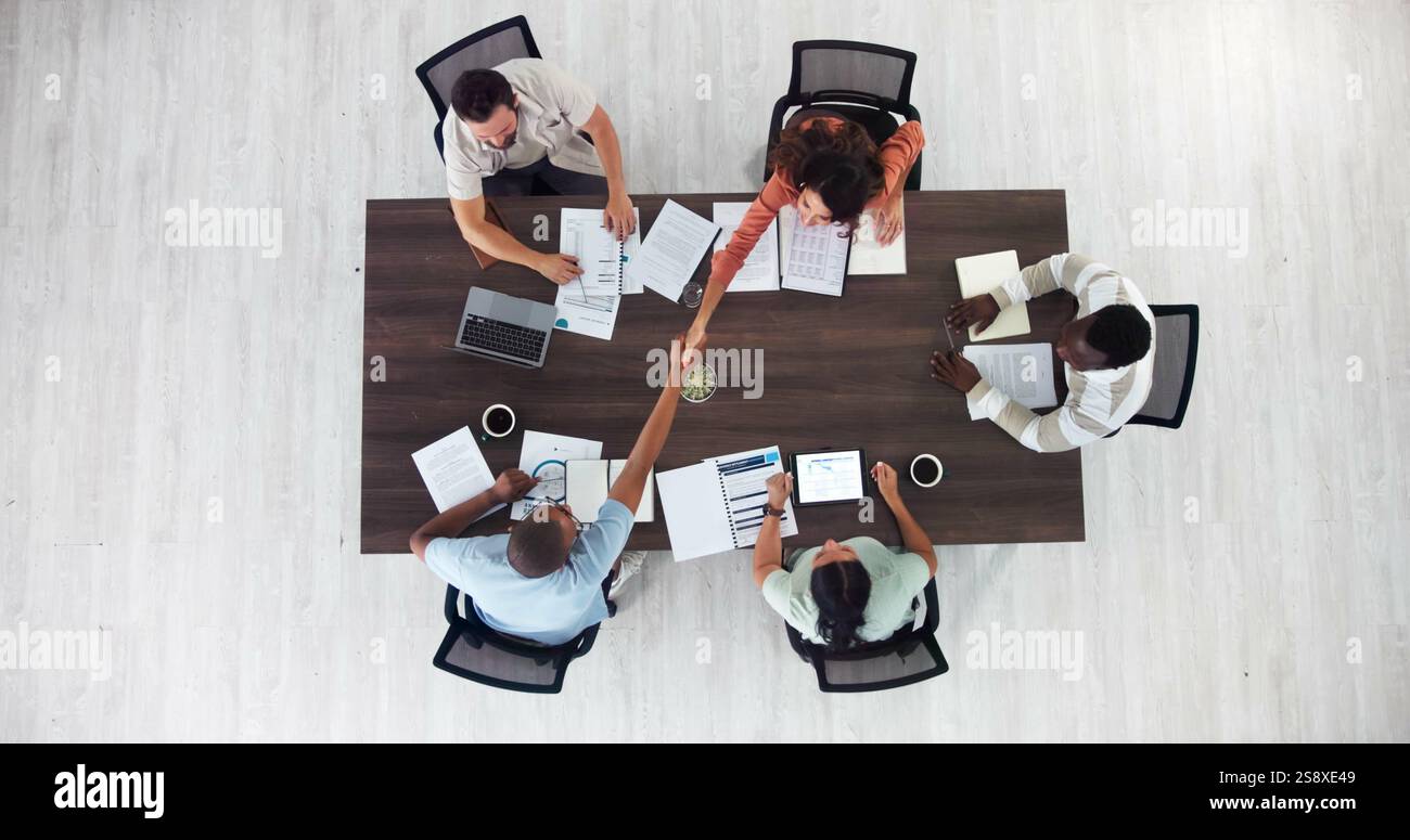Above, success and handshake with business people in meeting for event ...