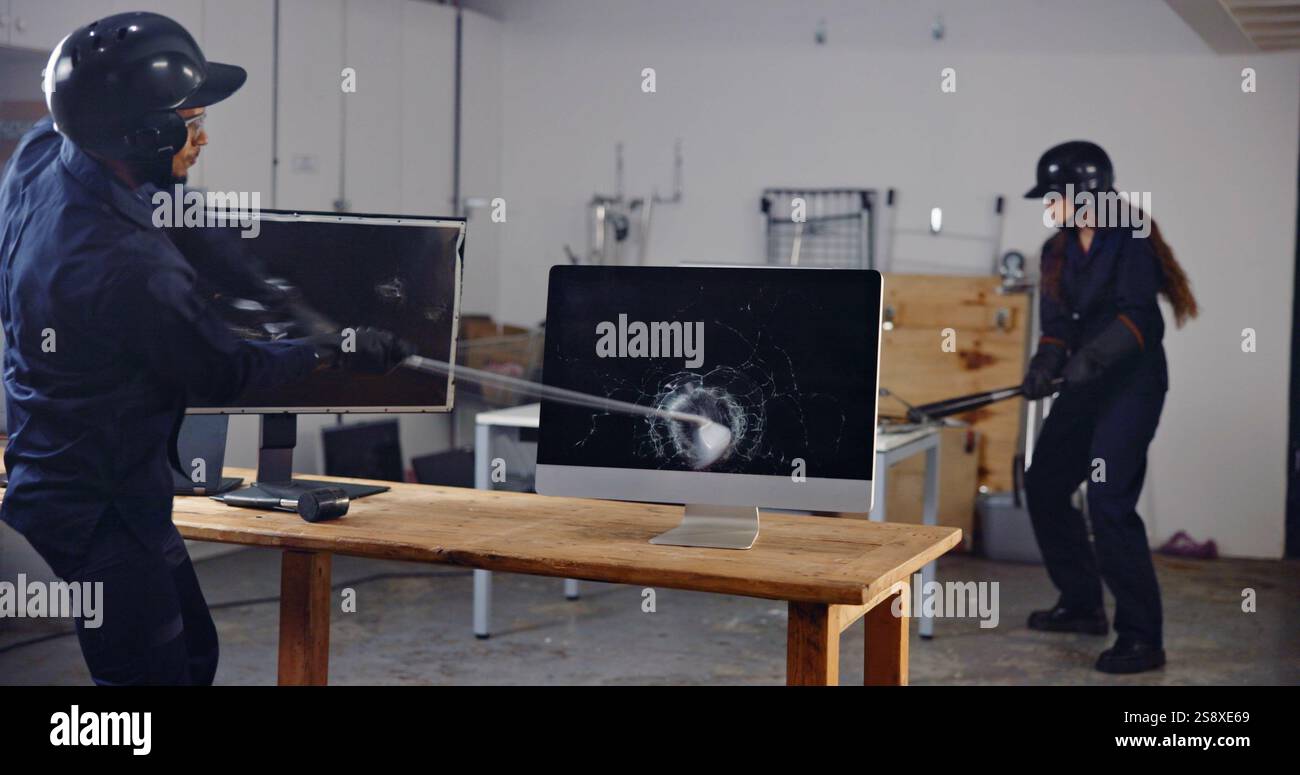 Screen, golf club and friends in rage room for frustrated, anger ...