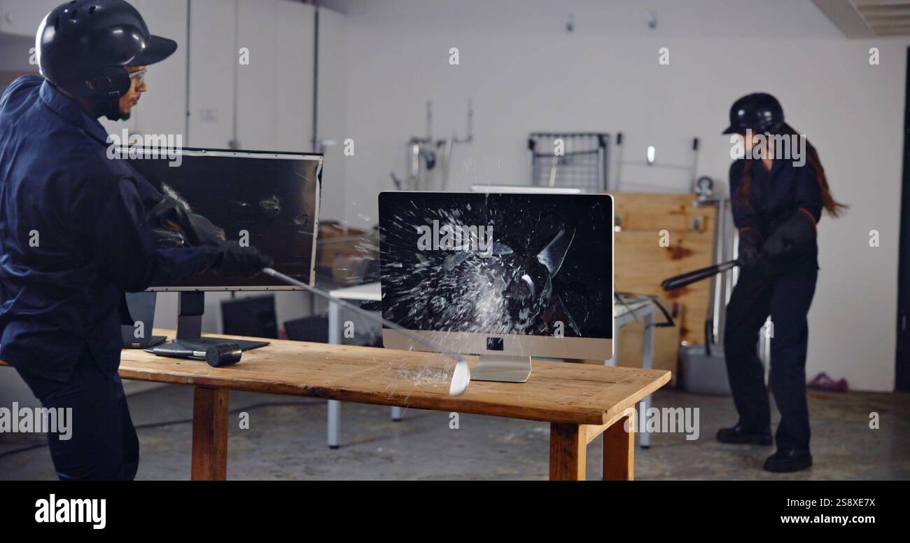 Computer, baseball bat and people in rage room for frustrated, anger ...