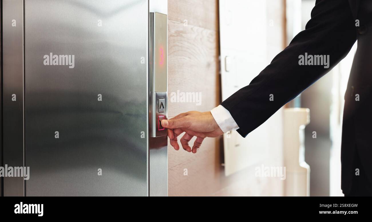 Hands, office and person press elevator, transport technology and arrow ...