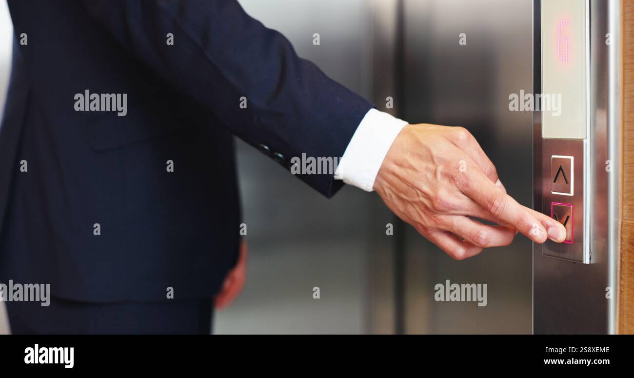 Hands, business person and press elevator, transport technology and ...