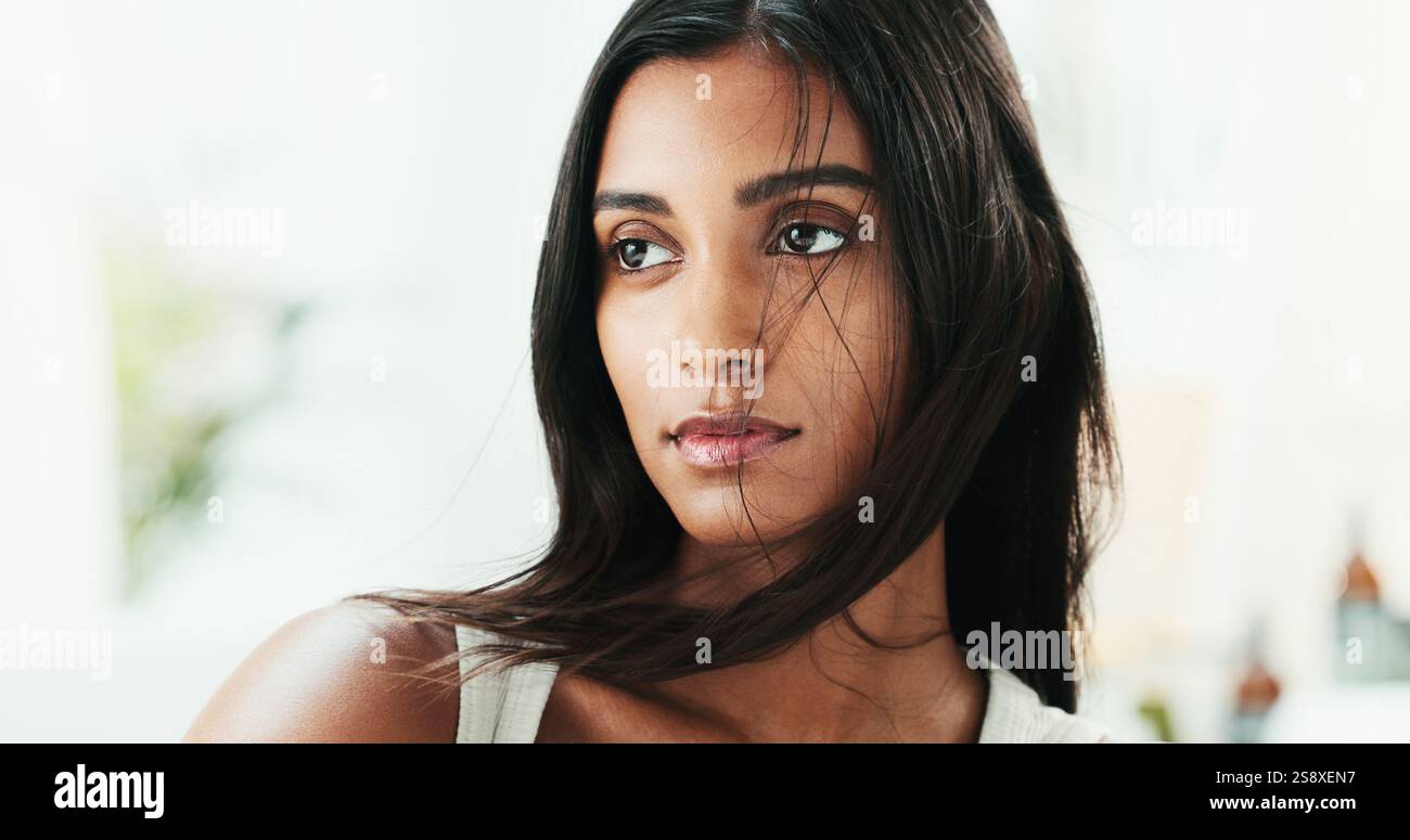 Thinking, woman and wind for hair care at salon of texture volume, keratin treatment and growth ...