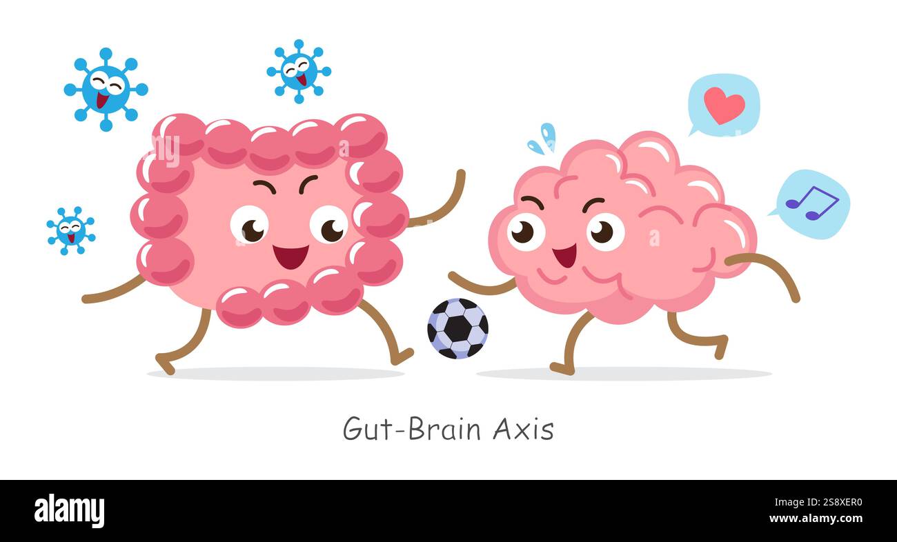 Gut-brain axis . Cartoon character of human brain and intestine ...