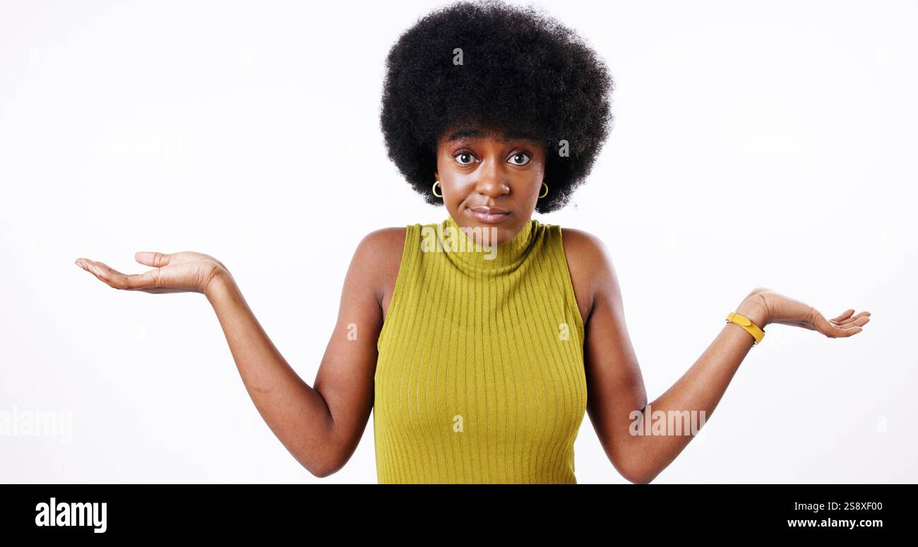 Confused, portrait and shrug of black woman with why, hands or dont ...