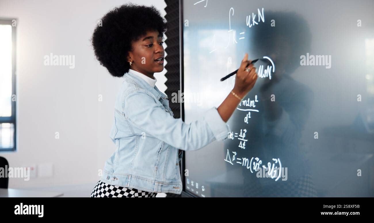 Education, black woman and student by board in classroom explaining ...