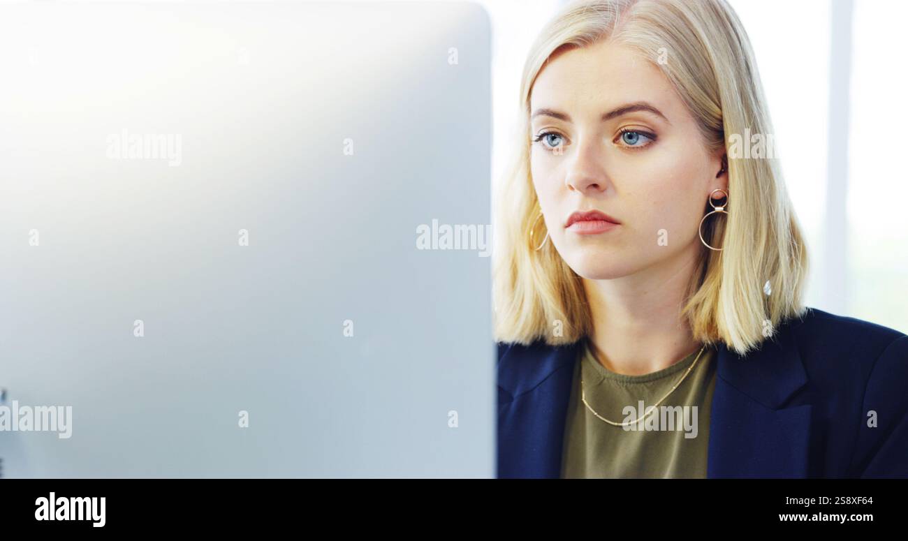 Thinking, business woman and computer for deadline, serious ...