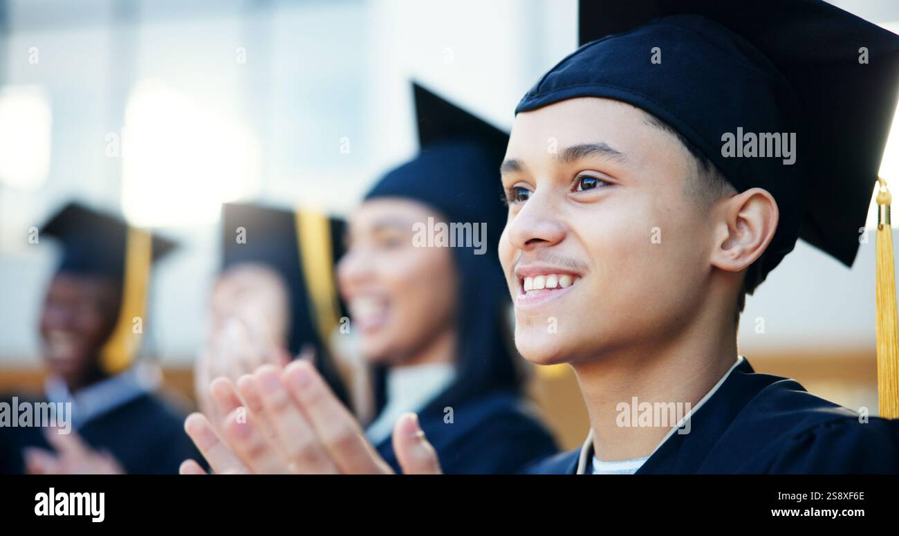 Smile, man and students with clapping of graduation ceremony, class ...