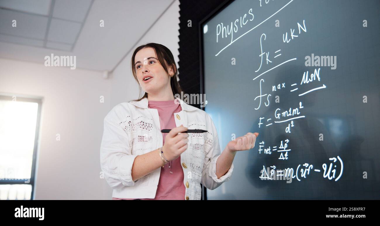 Education, woman and student by board in lecture explaining science ...