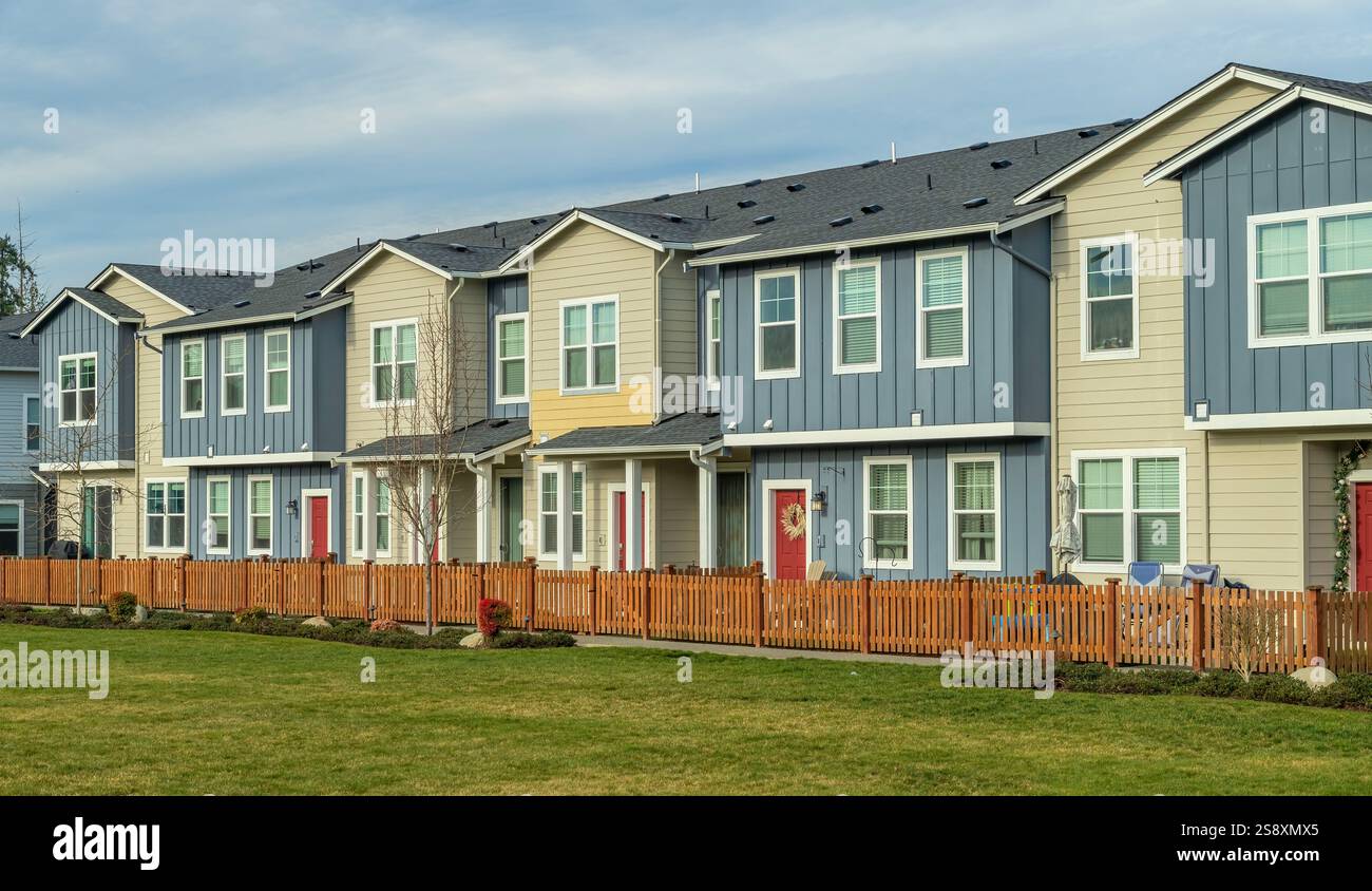 Colorful row of house in a suburb Tehaleh Washington state Stock Photo ...