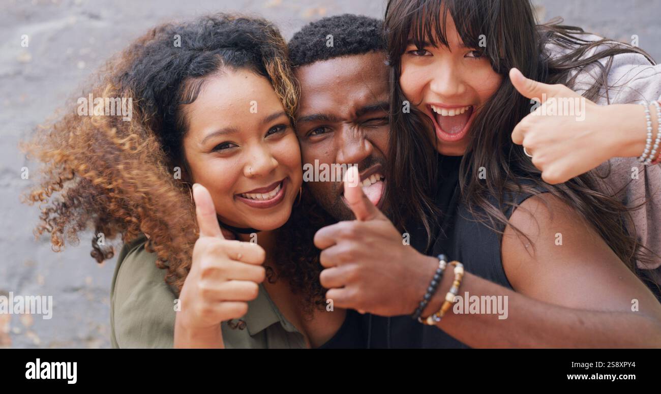 Hip hop, portrait and thumbs up with dancer people outdoor together on ...
