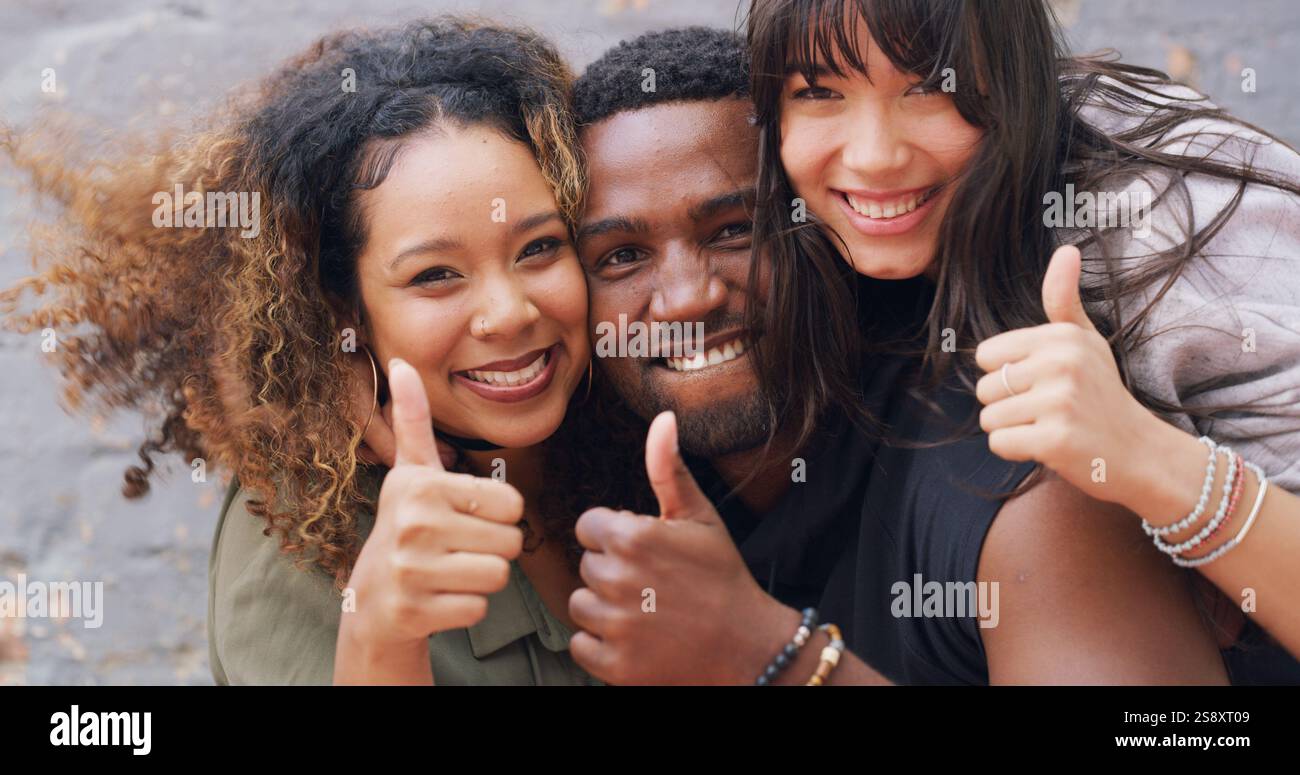 Portrait, smile and thumbs up with hip hop people outdoor together on ...