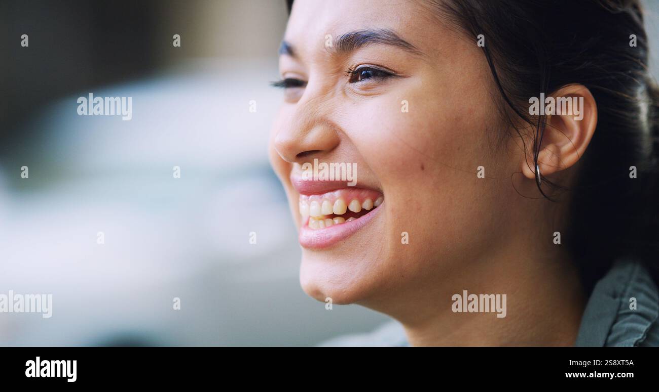 Thinking, happy and woman outdoor with vision, laughing and reflection ...