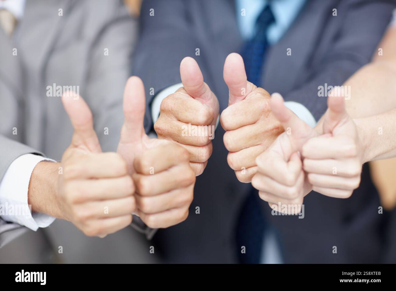 Hands, teamwork or business people with thumbs up in group for good job ...