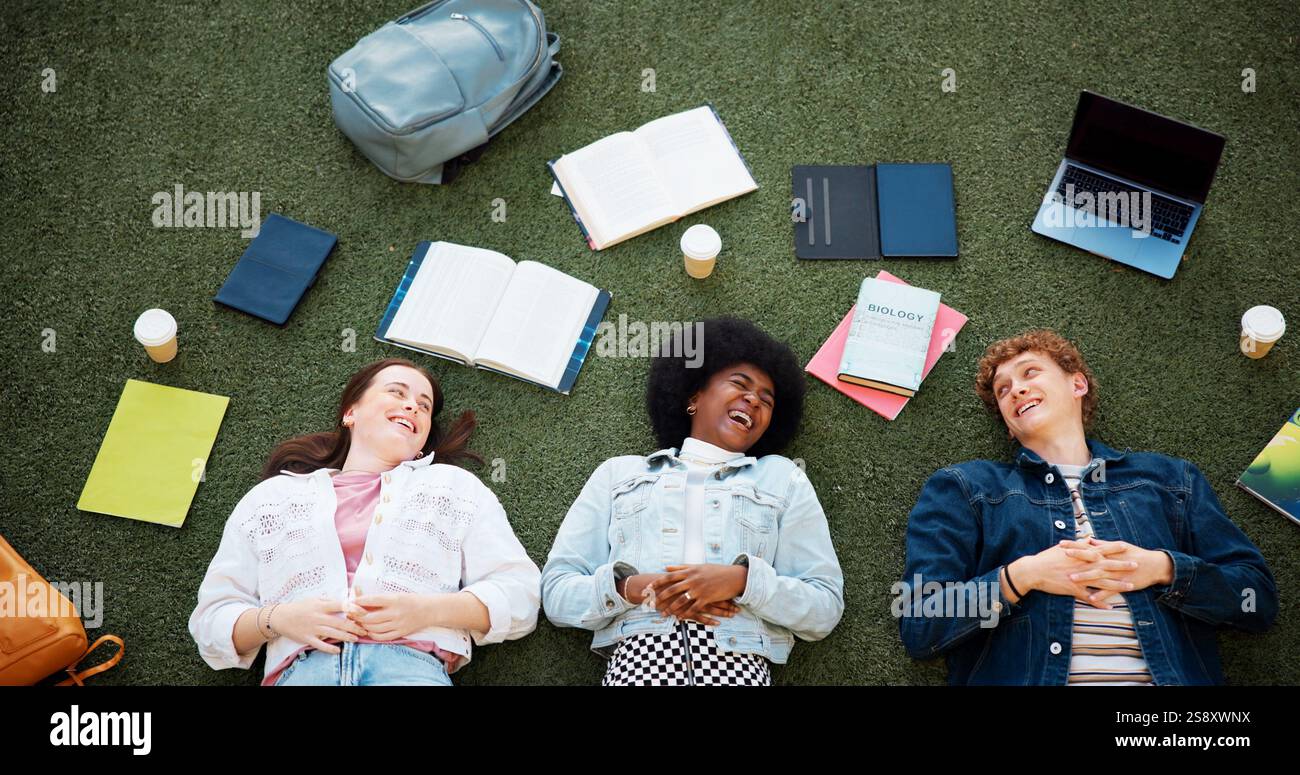 Happy students, laughing and above with study break for relax, funny ...