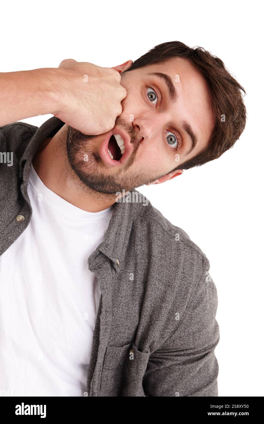 Man, punch face and portrait in studio with self harm, mental health or ...