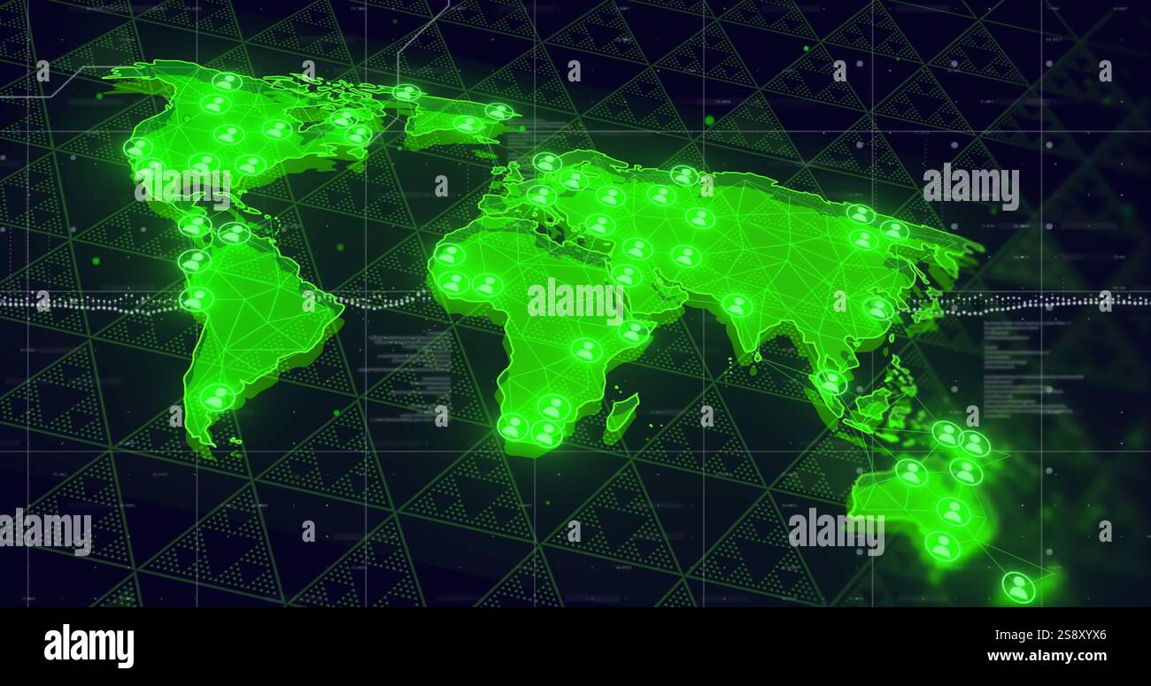 Global network connections image over world map with green nodes Stock ...