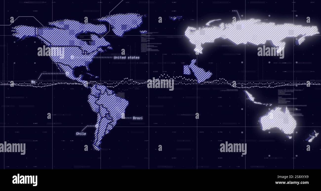 World map with highlighted countries and data points image over dark ...