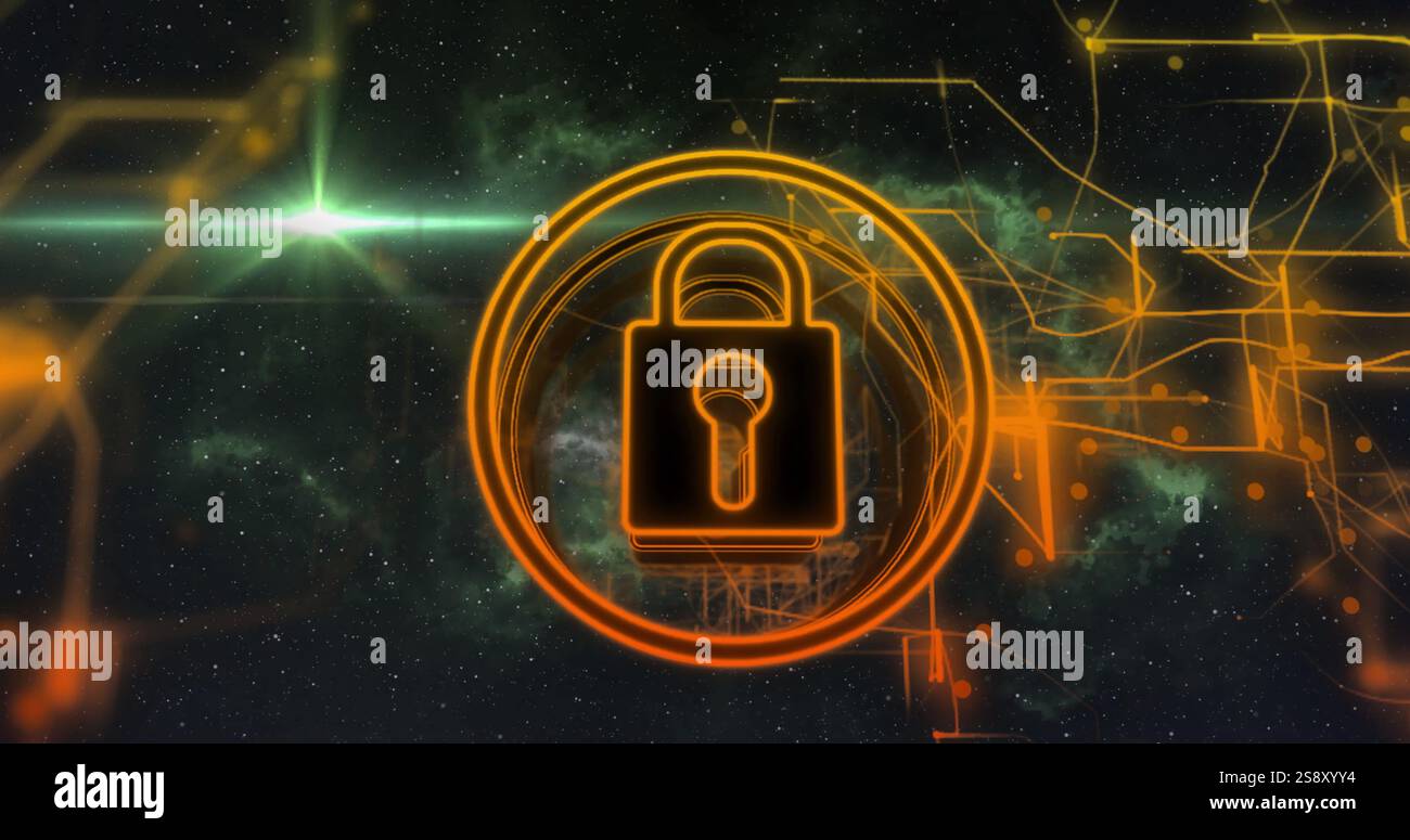 Lock and key symbol with digital security image over space background ...