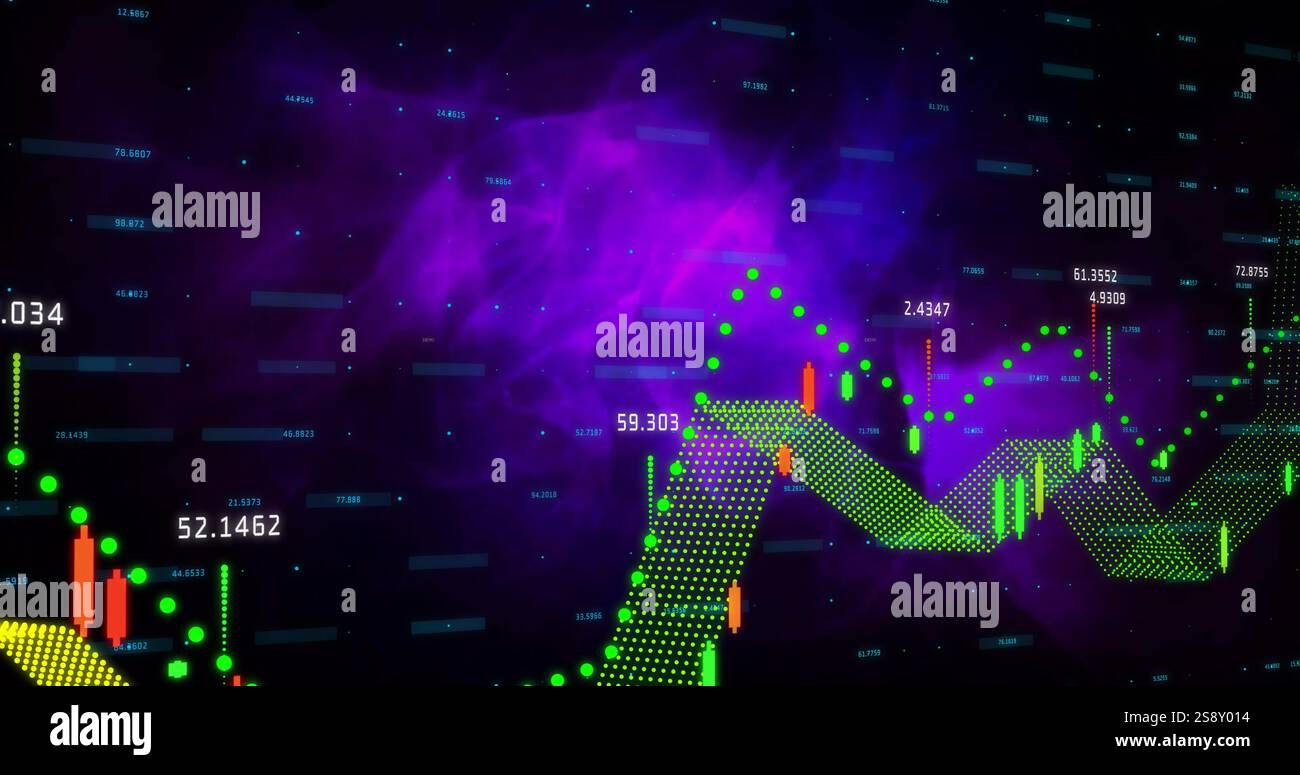 Stock market data and financial chart image over purple abstract ...