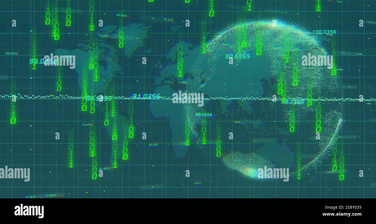 Binary Code And Numerical Data Over Digital Globe And World Map Image