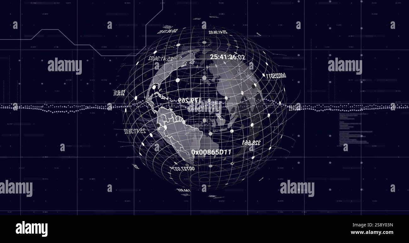 Digital globe with data points and coding image over dark background ...