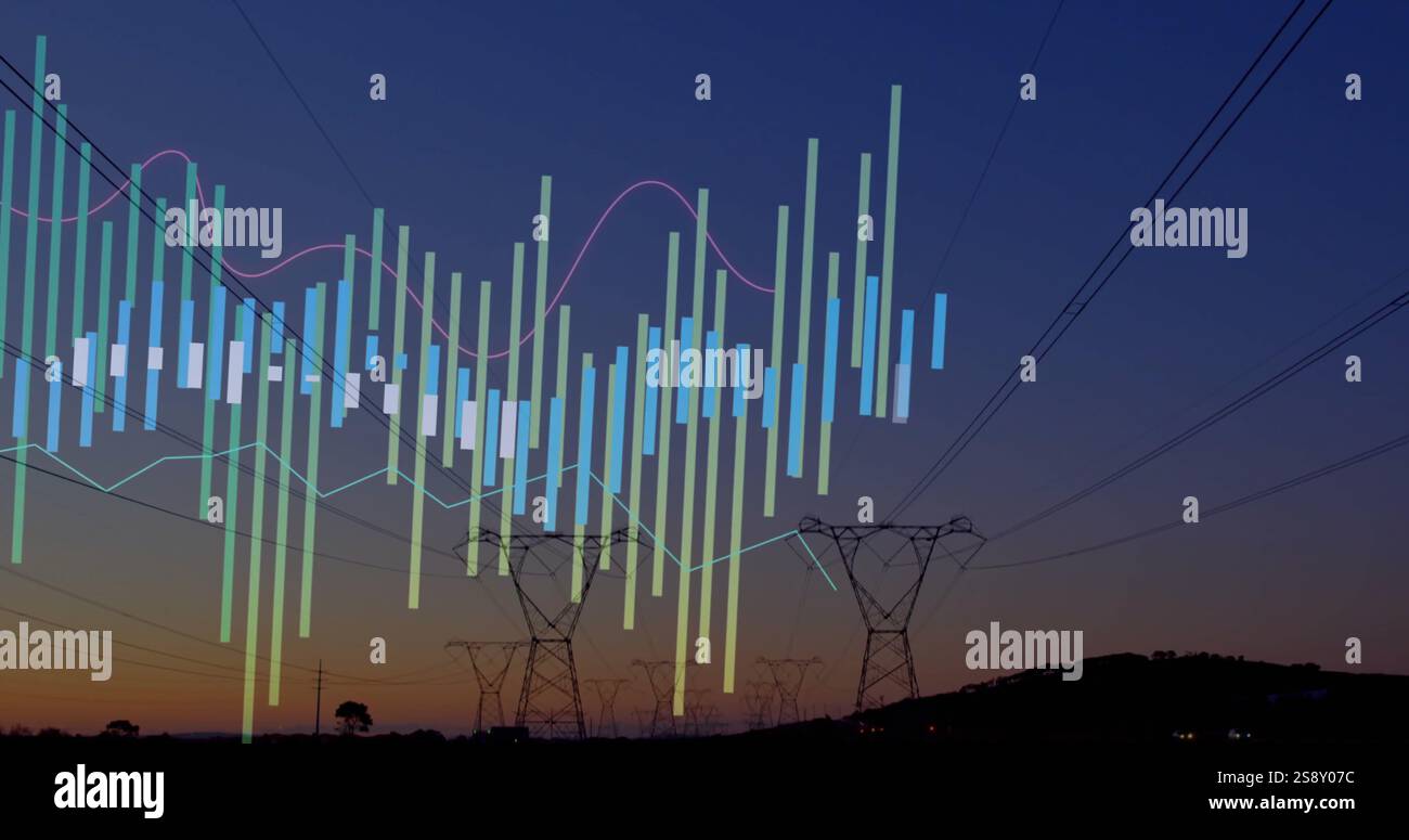 Image of data processing over electricity pylons Stock Photo - Alamy