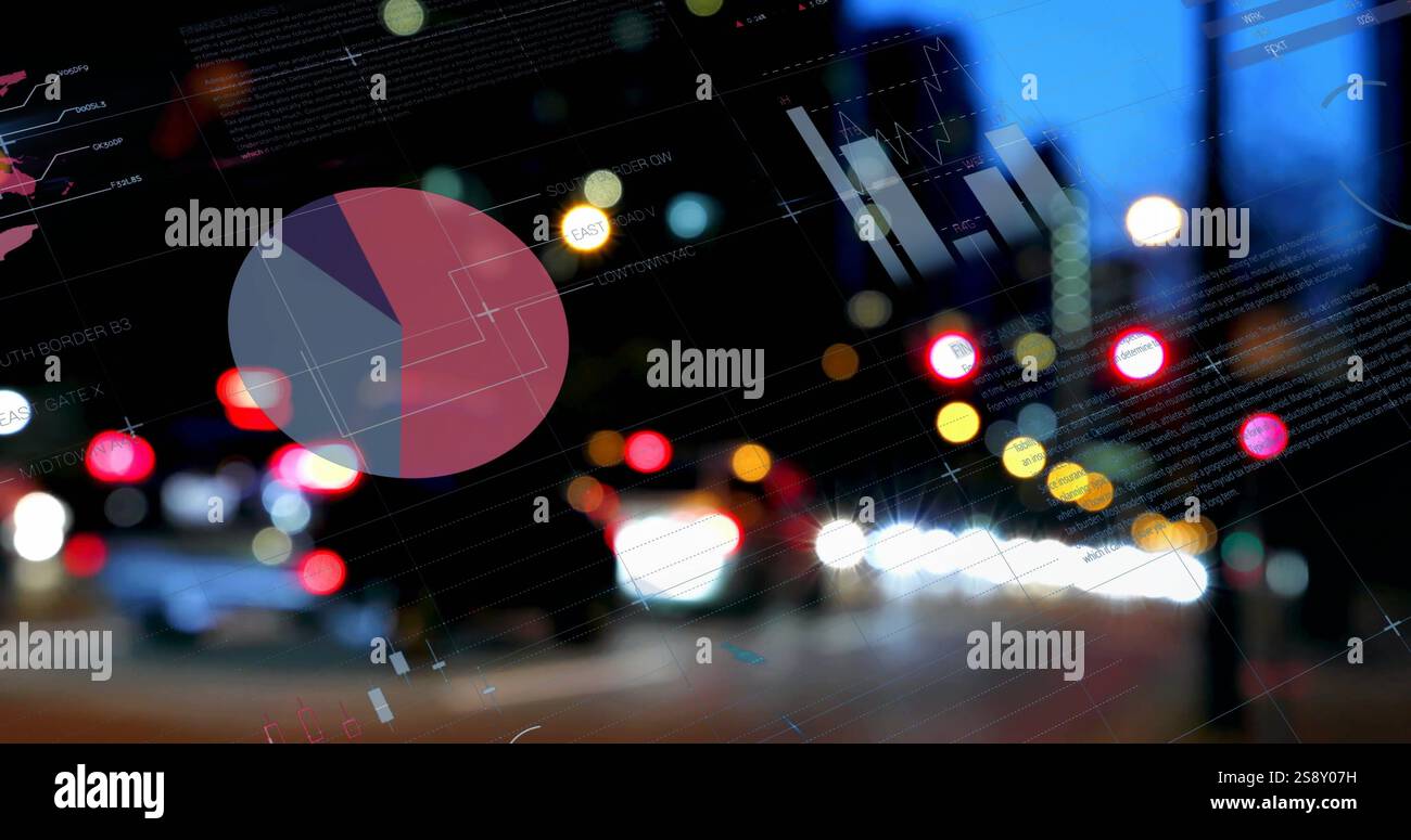 Pie charts and world map image over blurred city street lights at night ...