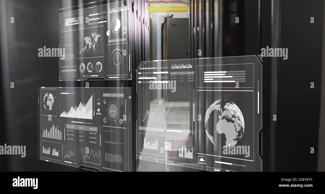 Data analytics and global statistics image over server room background ...