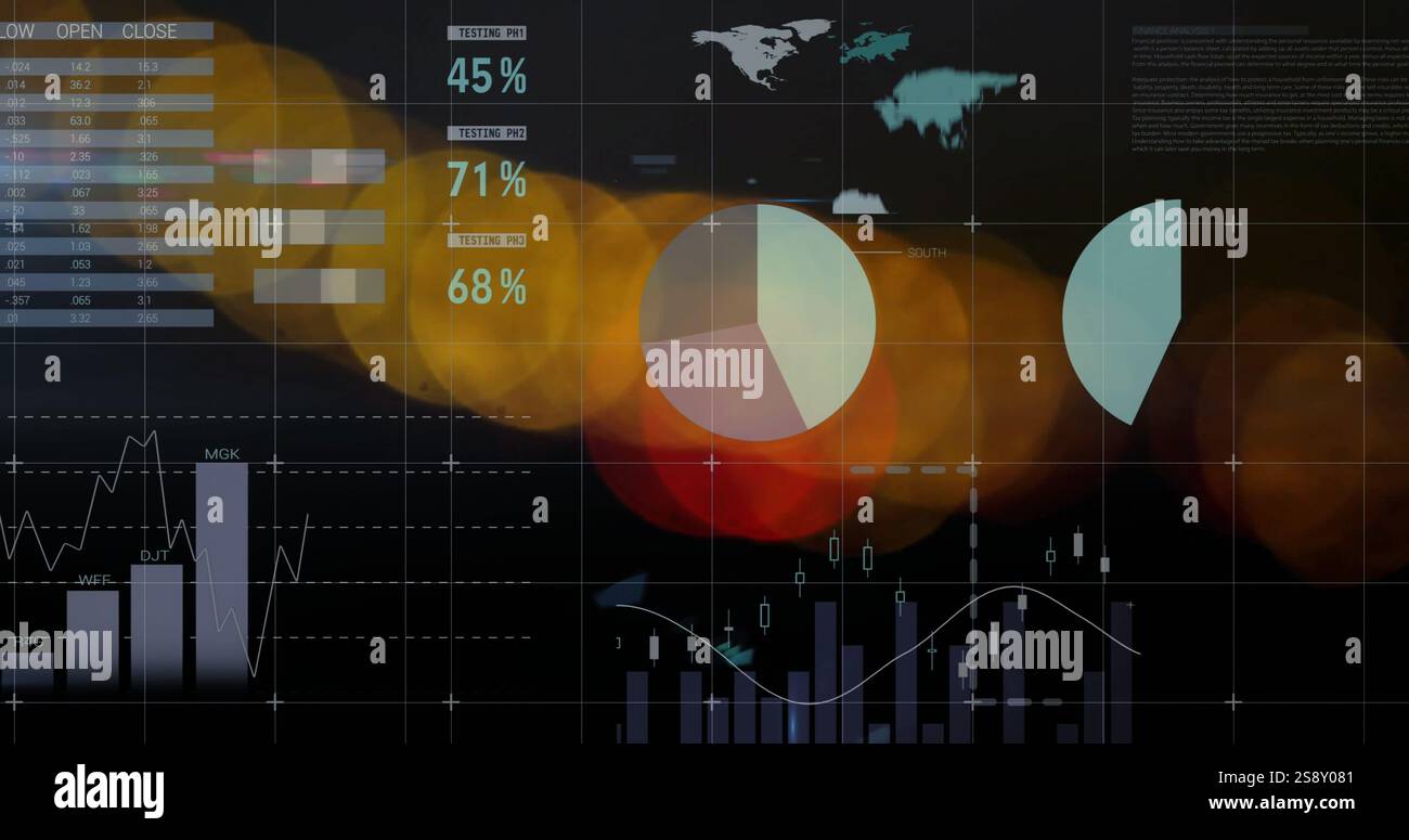Financial data and pie chart image over blurred lights and graphs Stock ...