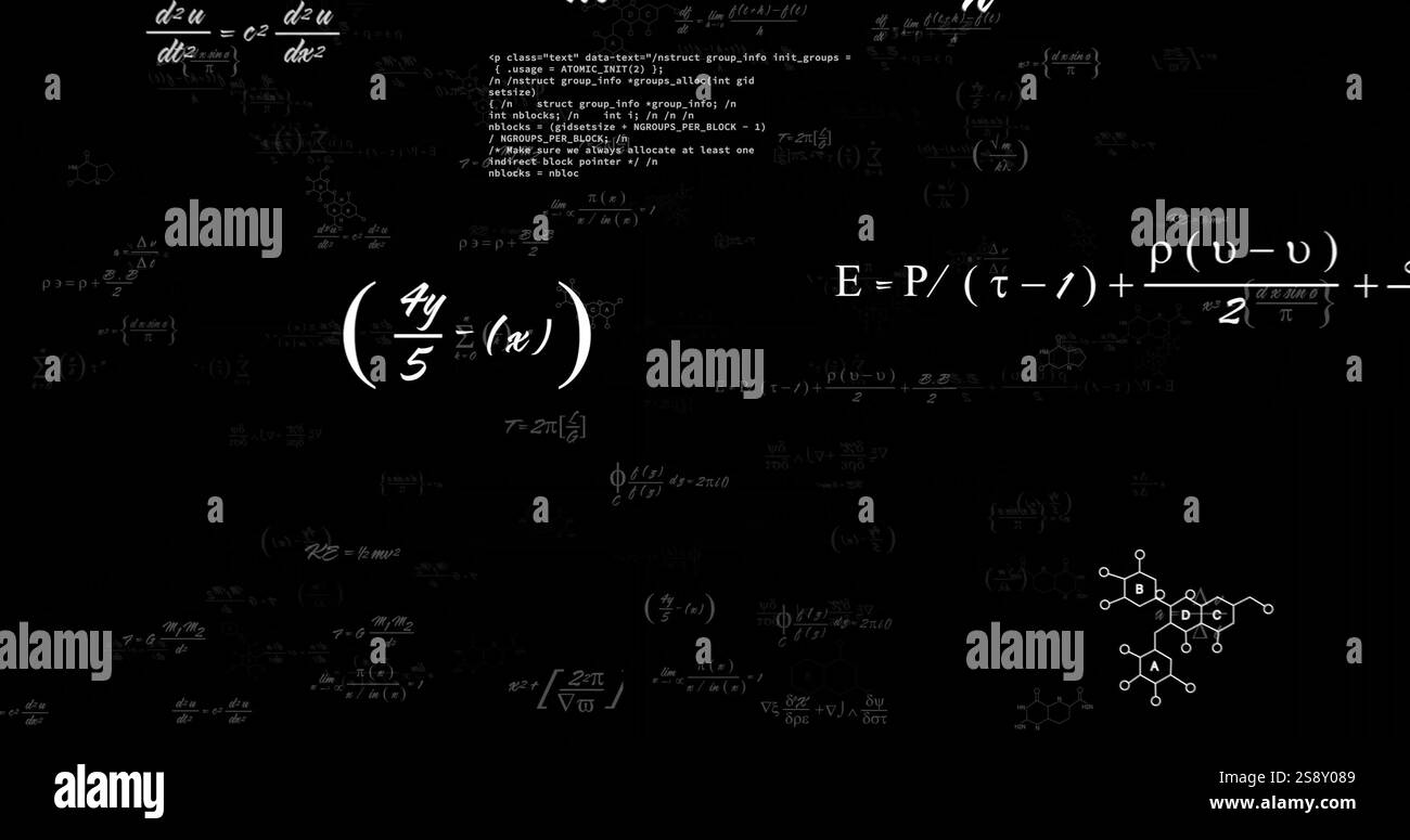 Mathematical equations and chemical formulas image over black ...