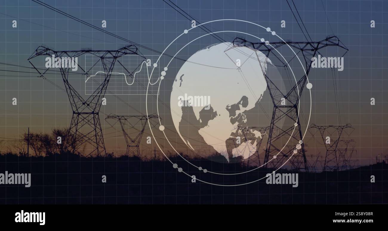 Image of data processing with globe over electricity pylons Stock Photo ...