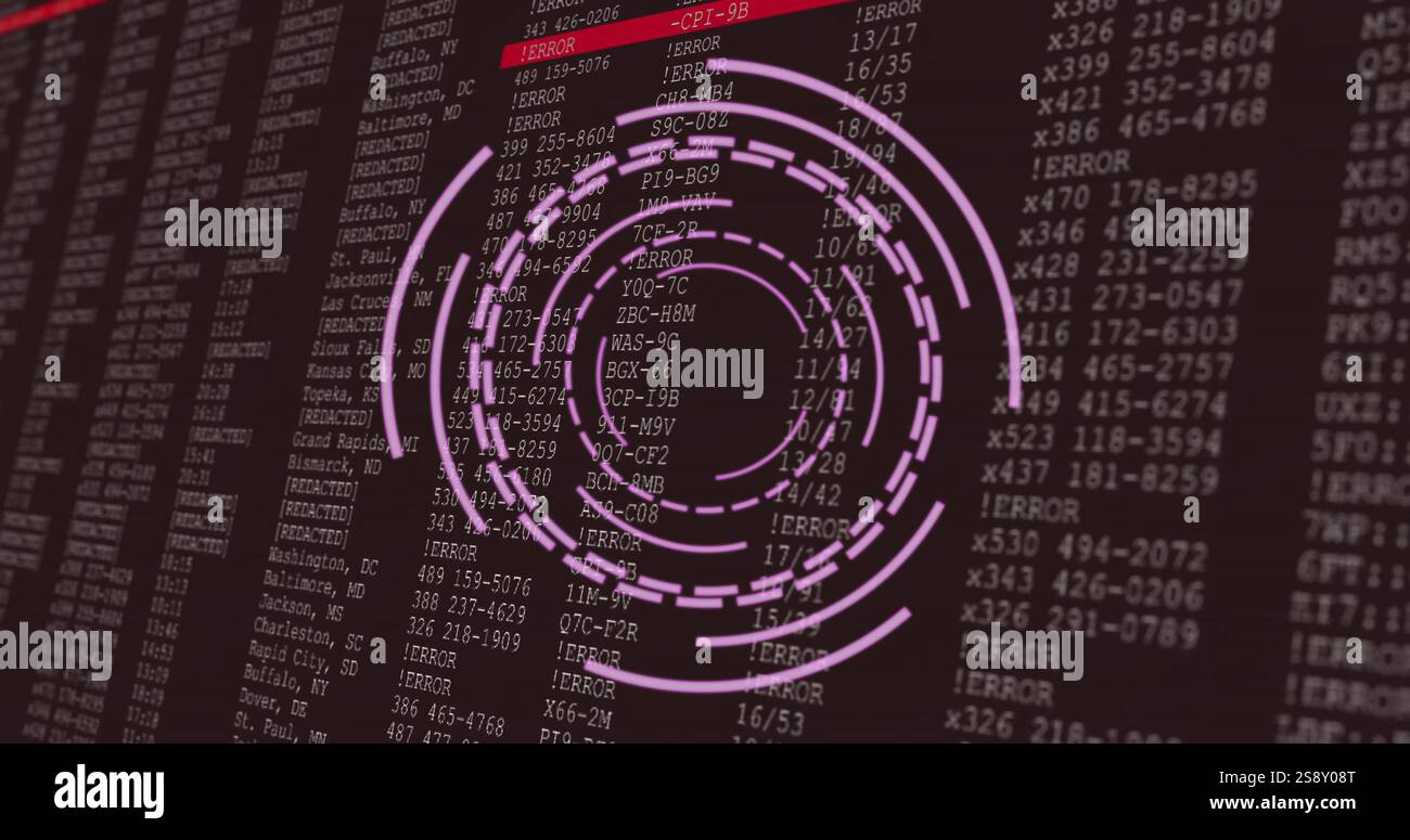 Rotating circular image over error codes and data on dark background Stock Photo - Alamy