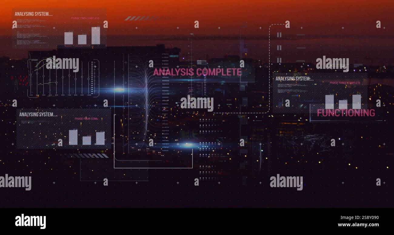 Scanning and analysis complete text image over cityscape at sunset Stock Photo - Alamy