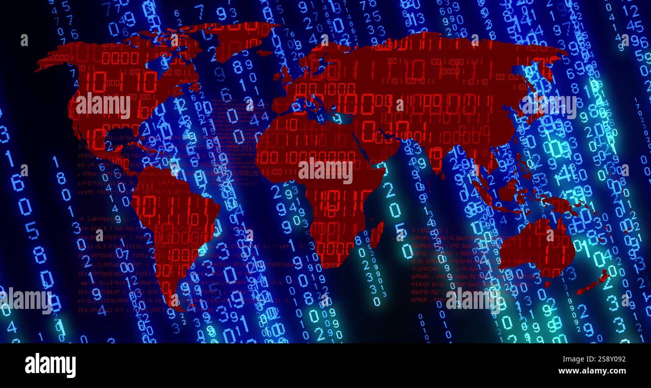 Image Of World Map Binary Coding And Data Processing Over Black